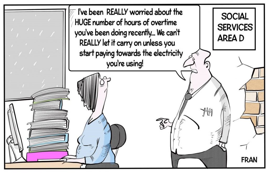 Social work cartoon: 'Overtime' - Community Care