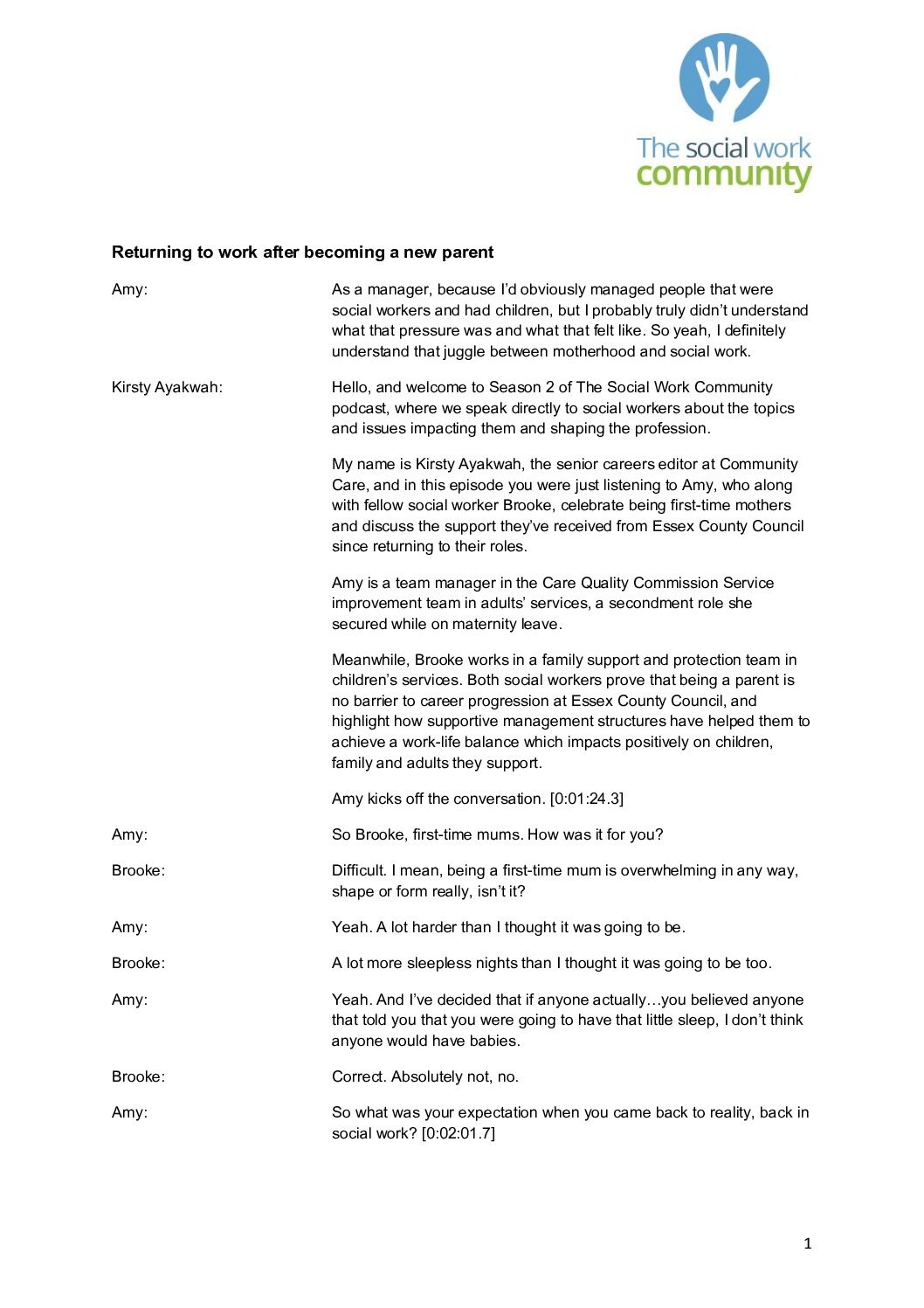 Transcript - Returning to work after becoming a new parent - Community Care